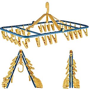 Foshine Drip Hanger Foldable Clip Hangers Plastic with 32 Drying Clips Wind-Proof Hook Underwear Hanger with Clips Laundry Drying Rack Hanger for Socks Bras Lingerie Cloand Plastic ClothesPins