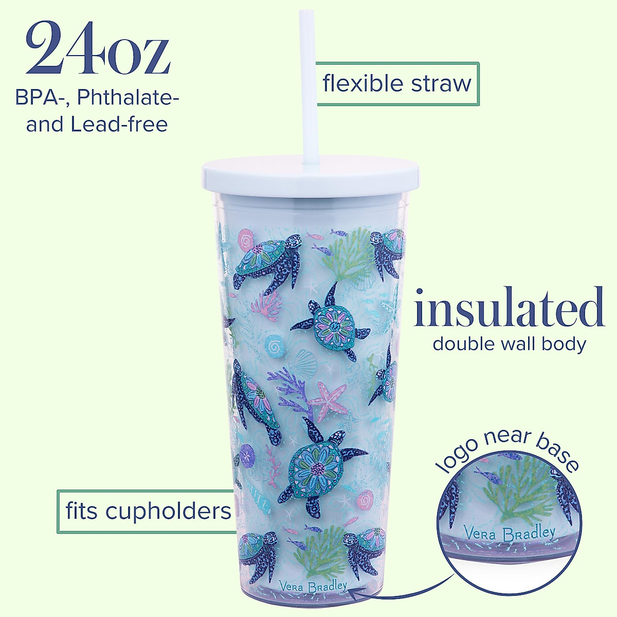 Vera Bradley Travel Tumbler with Lid and Straw, 24 Ounce Insulated Cup, Blue Plastic Double Wall Tumbler, Turtle Dream