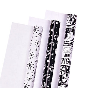 LeZakaa Christmas Wrapping Paper Mini Roll - Bell & Tree/Candy Canes/Snowflakes in Black & White for Gift Wrap, Arts Crafts - 17 x 120 inches - 3 Rolls (42.5 sq.ft.ttl.)