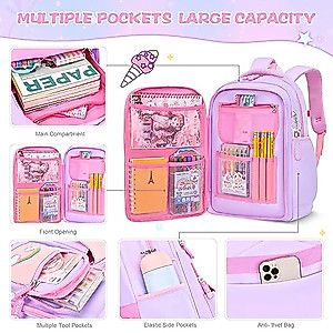 Backpacks for Girls School Kids Backpack Bookbags with Insulated Lunch Box Set for School Elementary Girl, Tie Dye School Bag with Compartments 16 * 11.5 * 7.5, Solid Purple