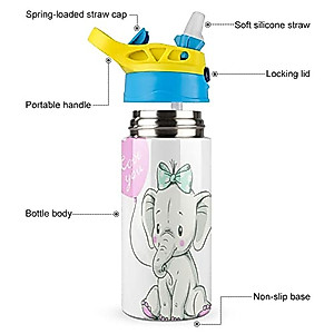 Water Bottle With Straw Cute Elephant Insulated Stainless Steel Vacuum Cup 500Ml For School 7.5x2.7 in
