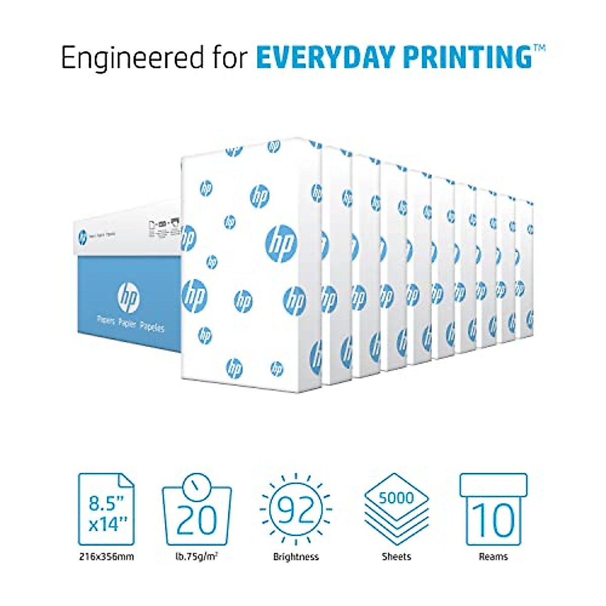 HP Printer Paper | 8.5 x 14 Paper | Office 20 lb | 10 Ream Case - 5000 Sheets | 92 Bright | Made in USA - FSC Certified | 001422C