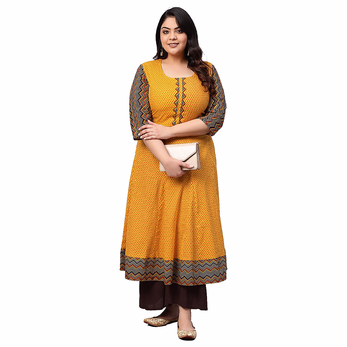 Yash Gallery Plus Size Cotton Geometric Print 3/4 Sleeve Round Neck Anarkali Kurta (Mustard Yellow, 3XL)