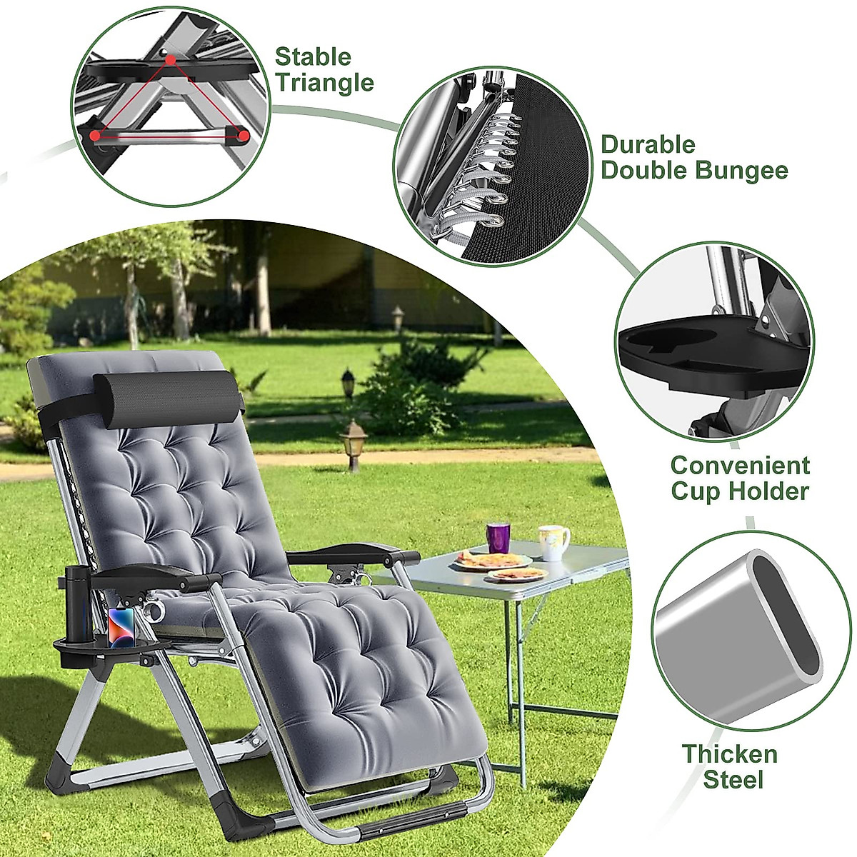 Barbella Zero Gravity Chair Living Room Chairs Lawn Recliner, Reclining Patio Chairs Patio Lounger Chair, Folding Portable Chaise with Cushion, Cup Holder, Headrest
