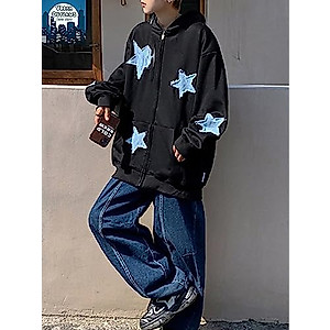 Wedcur Women Oversized Zip Up Hoodie Y2k Graphic Print Hooded Long Sleeve Sweatshirt E-Girl Harajuku Aesthetic Jackets (Black Star, XL)