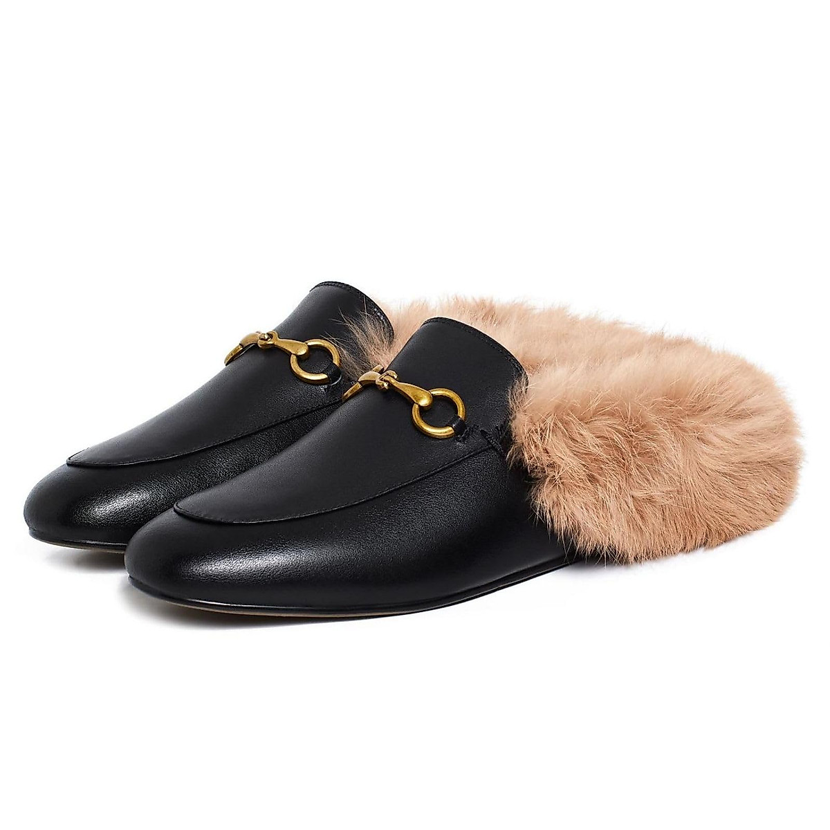 Vertundy Women's Mules Low Heel Flats Leather Slip On Backless Sandals for Girls Lady Work Slides Black Fur 6.5