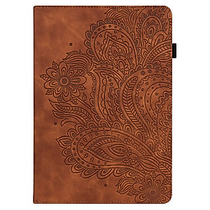 UUcovers for iPad 10th Generation Case 10.9 Inch 2022 with Pencil Holder/Pocket/Band/Embossed Floral Pattern/PU Leather/Soft TPU Wallet Folio Stand Magnetic Shockproof Cover, Brown Peacock Flower