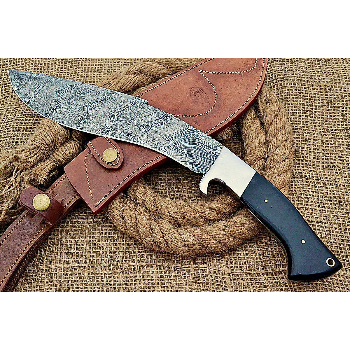 HUNTEX Handmade Hand-Forged Twist Pattern Damascus Steel 15 Inch Long Full Tang Natural Buffalo Horn Handle Razor Sharp Hunting Camping Kukri Knife w/Genuine Leather Sheath
