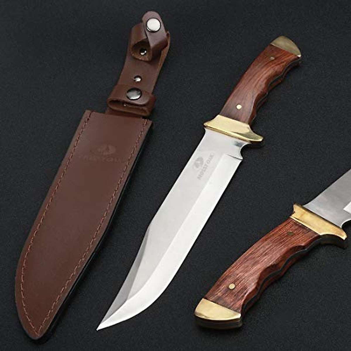 Mossy Oak 14-inch Bowie Knife, Full-tang Fixed Blade, Wood Handle Hunting Knife with Leather Sheath for Camping, Hiking, Survival