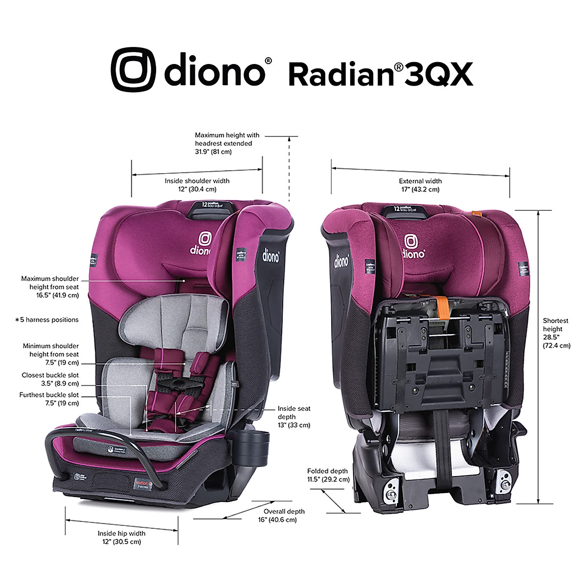 Diono Radian 3QX 4-in-1 Rear & Forward Facing Convertible Car Seat, Safe+ Engineering 3 Stage Infant Protection, 10 Years 1 Car Seat, Ultimate Protection, Slim Fit 3 Across, Purple Plum