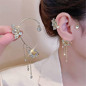 Butterfly Tassel Style Zircon Earrings Shiny Ear Cuff Earrings for Women Non Piercing Butterfly Flower Tassel Wrap-Around Clip-On Earrings Crystals Earrings Set for Women 2pcs/set (Gold)