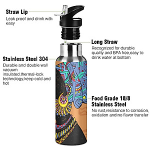 Ethnic African Woman Water Bottle with Straw Lid Leakproof Kids Insulated Stainless Steel Water Flask Thermos Bottle for Sport Gym Outdoor 20 oz