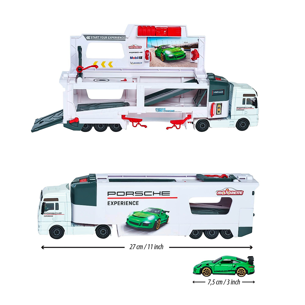 Majorette- Camión Porsche Experience 27cm, Incluye 2 Coches de Metal de 7,5cm, Partes Desplegables y Numerosos Accesorios, Adecuado A Partir de 3 Años, Color (212053304)