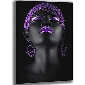 Xuxwhwy African American Poster Purple Earrings Necklace Black Pretty Girl Canvas Prints Wall Art Pictures for Living Room Bedroom Oil Paintings for Office Home Decorations 16X24 in (Unframed)