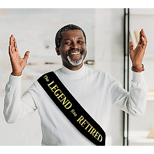 JPACO The Legend Has Retired Sash – Elegant Black and Gold Foil Legendary Sash for Both Women and Men & a Large Gold Safety Pin. Perfect for Retirement Parties