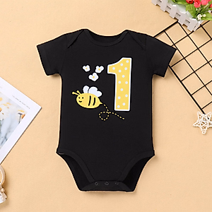 IDOPIP Baby Girls My 1st Birthday Outfit Bumble Bee Costume Dress up Short Sleeve Romper Tutu Skirt Headband 3PCS Clothes Set for One Year Old Girl Cake Smash Photo Shoot Black Bee 9-12 Months