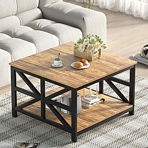 GreenForest Coffee Table with Storage, 27.6 inch Square Coffee Table, Seamless One-Piece Tabletop Design, Small Coffee Tables for Living Room, Farmhouse Sofa Table, Rustic Center Table, Walnut