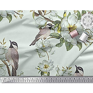 Soimoi Green Cotton Canvas Fabric Leaves,White Floral & Bird Print Fabric by The Yard 56 Inch Wide