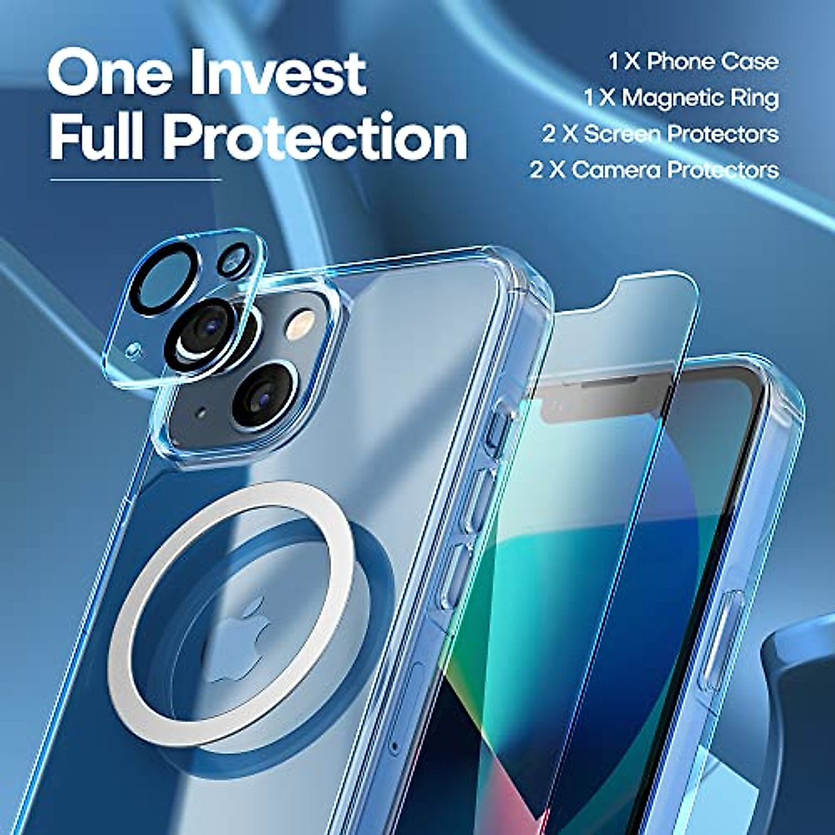 TAURI 5 in 1 Designed for iPhone 13 Case Crystal Clear, [Not-Yellowing] with 2X Tempered Glass Screen Protector + 2X Camera Lens Protector, [Military-Grade Drop Tested] Shockproof Slim Cover 6.1 inch
