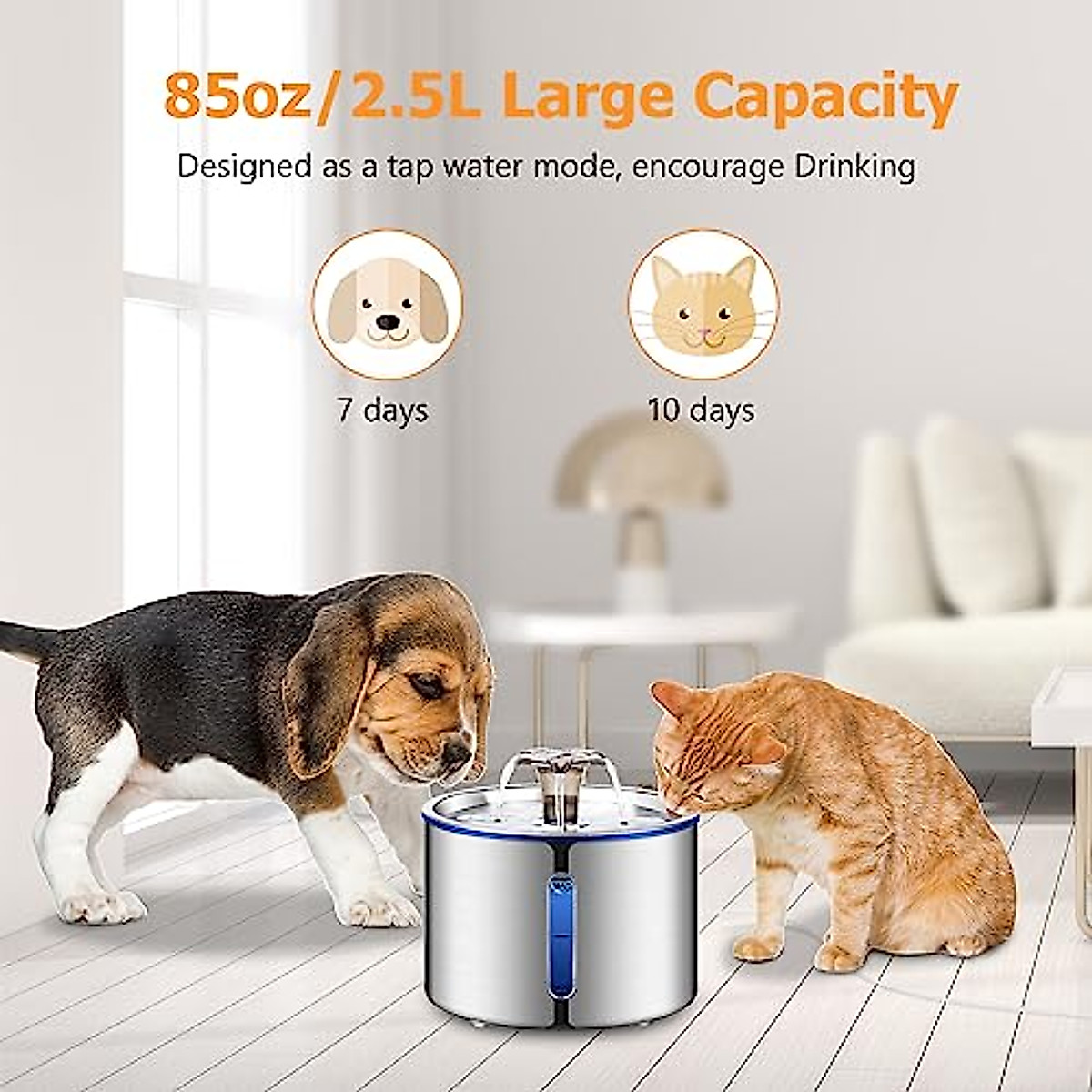 Cat Water Fountain, BOORCA 84oz/2.5L Stainless Steel Pet Water Fountain, Automatic Dog Water Dispenser with Water Level Window, Ultra-Quiet Pump and 2 Replacement Filters for Cats, Dogs, Multiple Pets