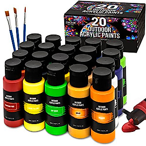 Outdoor acrylic paint set (2 fl oz)- 20 Tubes 2 with Glow in the Dark Effect - Art supplies for Adults - For multiple use- Woods, Leather, Metal & Fabric Paint & Paint for rocks Outdoor/Craft paint
