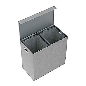Double Laundry Basket with Lid – Two-Sided Clothes Hamper with Removable Mesh Liner Bags – Collapsible Clothing Organizer by Lavish Home (Gray)