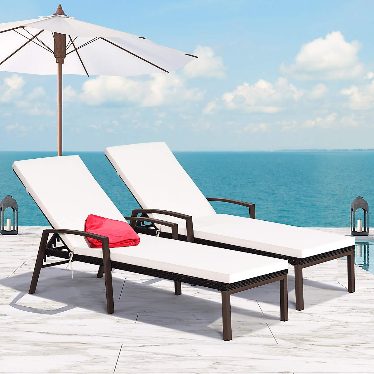 COSTWAY 2PCS Rattan Lounge Chair Outdoor, Patio Wicker Chaise Lounge with 5-Position Adjustable Backrest, Soft Cushion & Arm Rest, Pool Recliner Set of 2 for Poolside, Deck, Backyard (White)