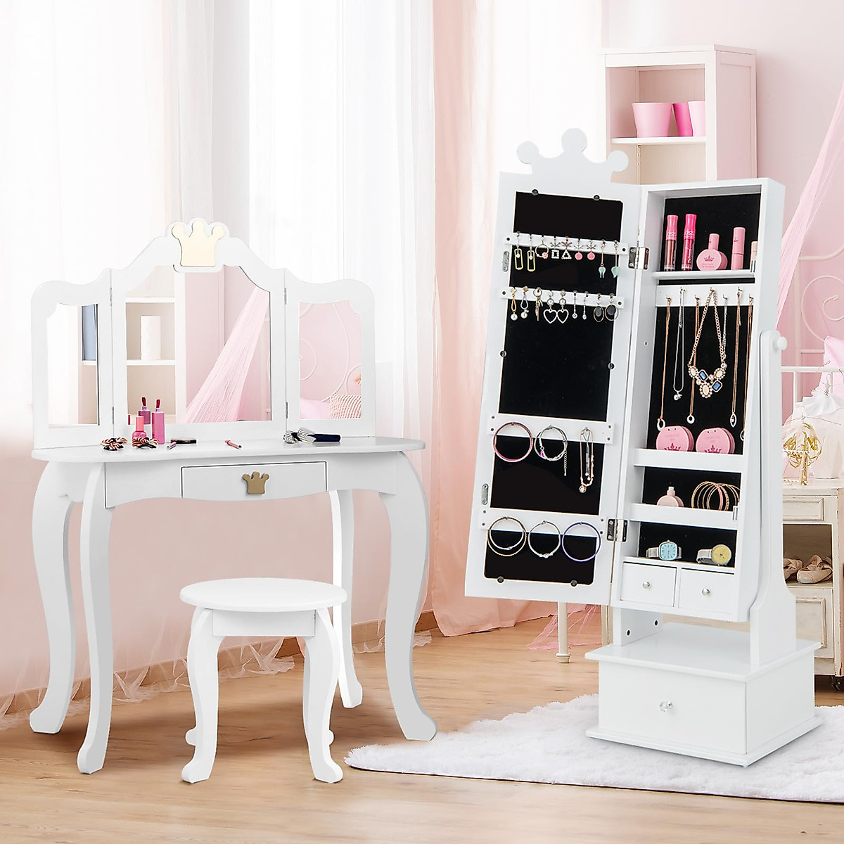 HONEY JOY Kids Jewelry Armoire Cabinet, 2-Angle Tilting Wooden Standing Jewelry Organizer with Full-length Mirror and Storage Drawers, Children Dress Up Jewelry Cabinet for Little Girls (White)