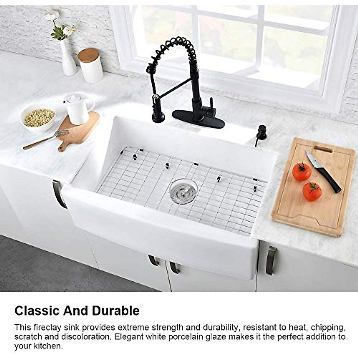 33 Inch White Farmhouse Sink-Hovheir 33x21 Fireclay Farmhouse Kitchen Sink Handcrafted Apron Front Farmhouse Sink Single Bowl Farm Sink White Farmers Sink Extra Deep Wide Curved Front Rustic Sink