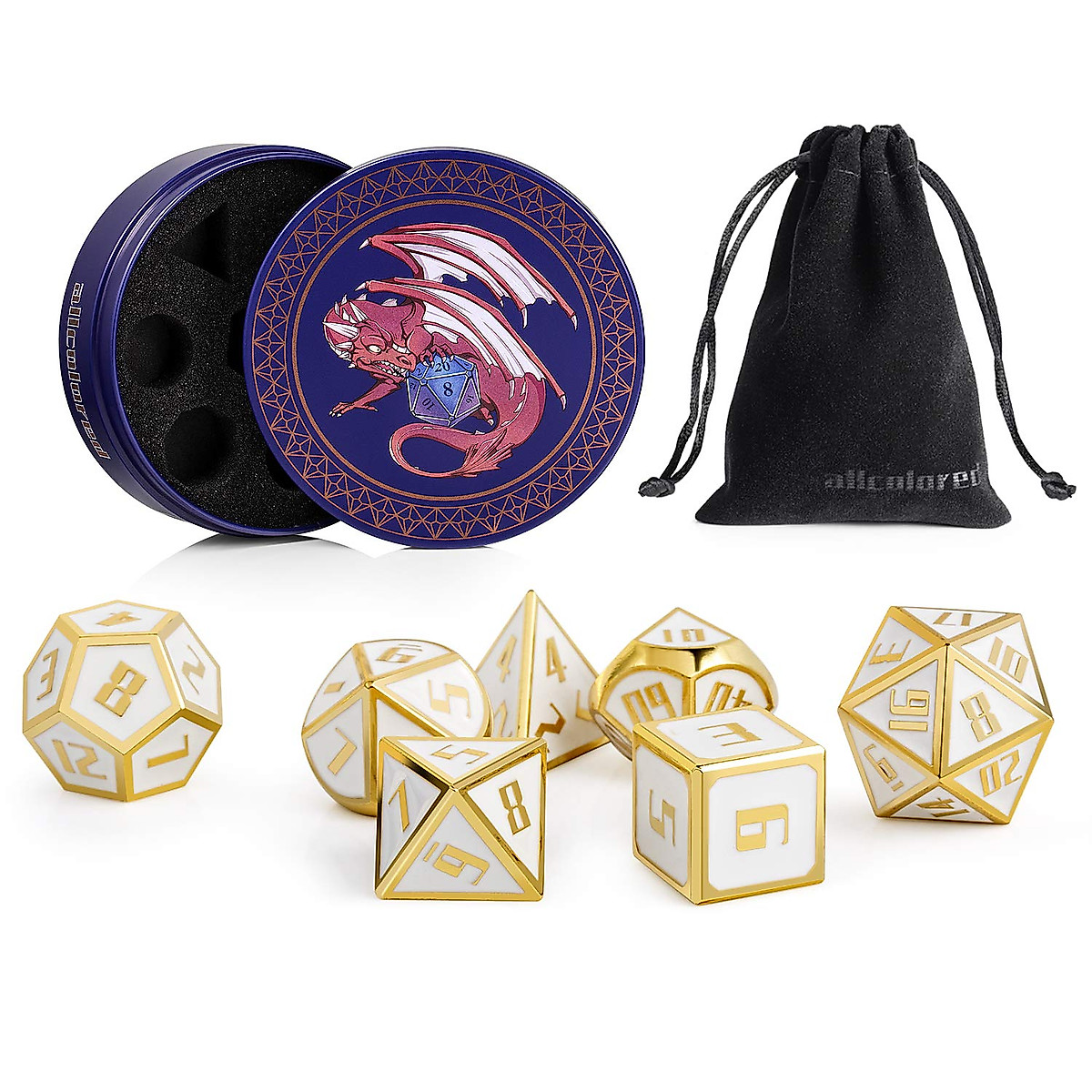 ALLCOLORED 16mm DND Metal Dice Set White Gold 7 Pieces Polyhedral Dice D&D with Metal Case and Velvet Bag for Playing Tabletop Roleplay Games Dungeons and Dragons