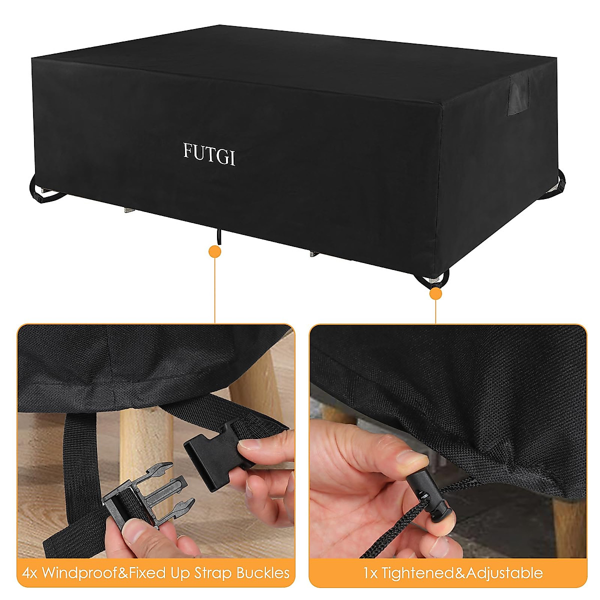 Outdoor Patio Furniture Covers Waterproof, 600D Heavy Duty Oxford Covers for Patio Furnitures as General Table Chair Bay Sofa, UV Proof Wind Proof Snow Resistant in Winter (Black, 124" x 71" x 29")