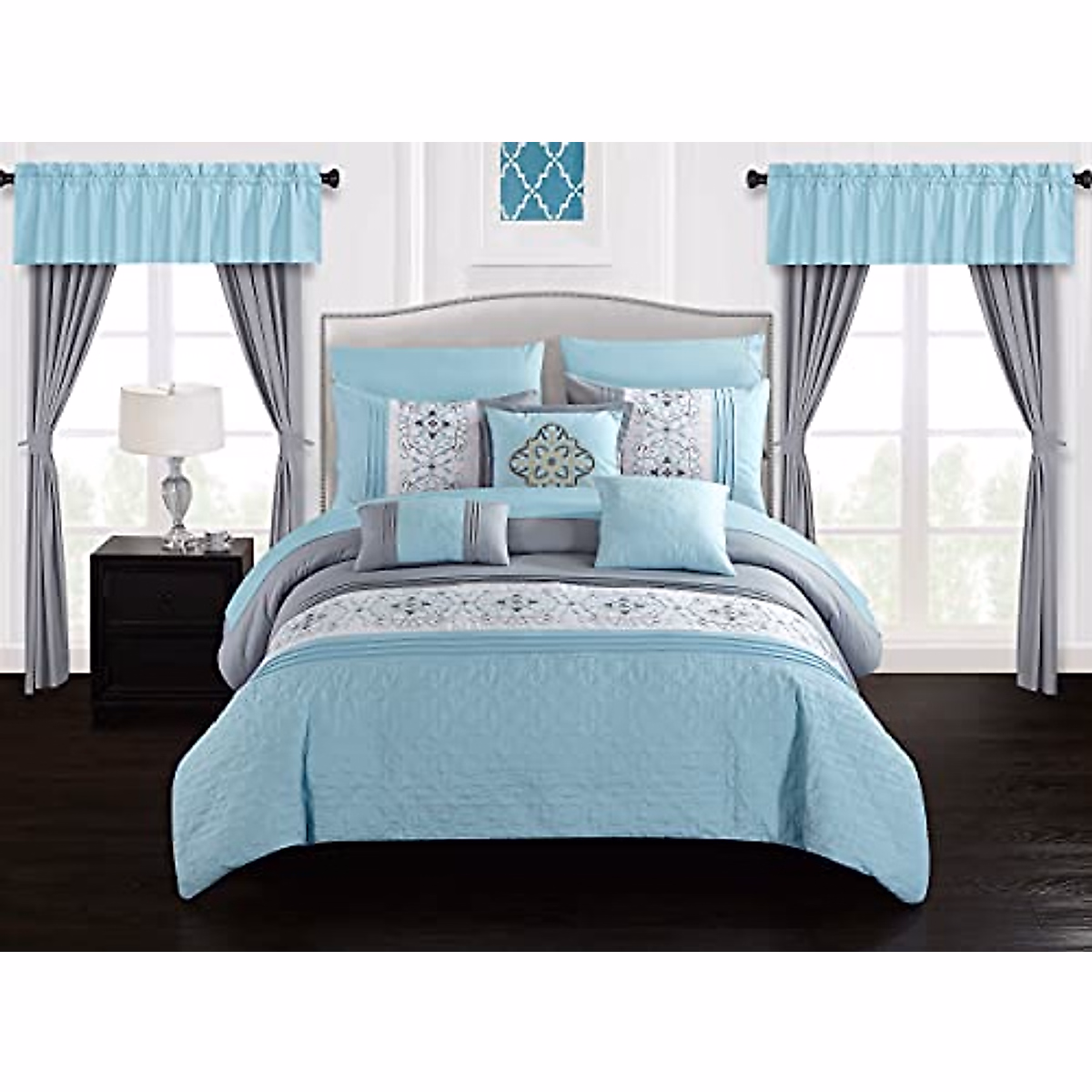 Chic Home Emily 20 Piece Comforter Set Color Block Floral Embroidered Bag Bedding, Queen Aqua Blue