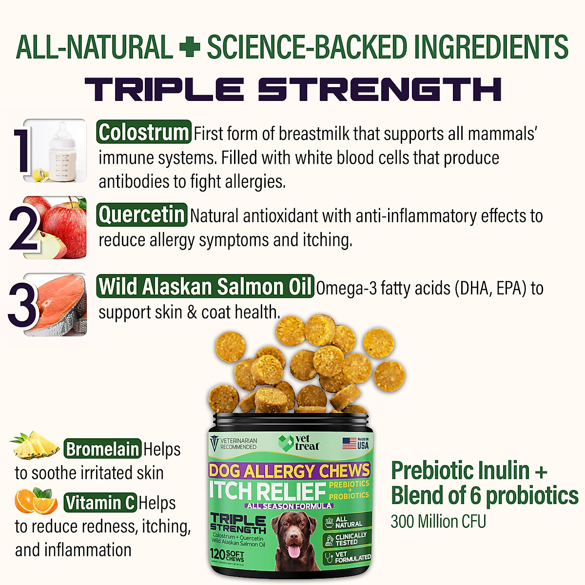 Vet Treat - Dog Allergy Relief Chews -Made in USA- Probiotics & Salmon Oil - Itch Relief, Hot Spots, Dry Skin, Seasonal Allergy - Anti Itch Skin & Coat Supplement for Dogs - 120 Soft Treats (Chicken)