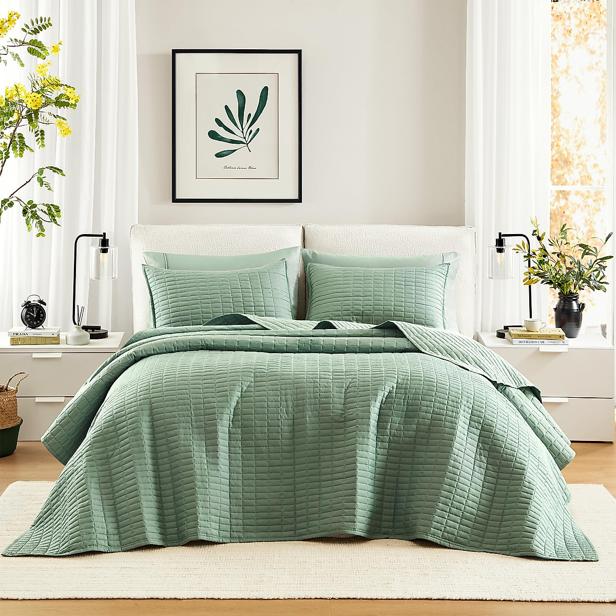 Comfort Spaces Kienna Quilt Set-Luxury Double Sided Stitching Design All Season, Lightweight, Coverlet Bedspread Bedding, Matching Shams, Bedspread King (120"x118"), Seafoam