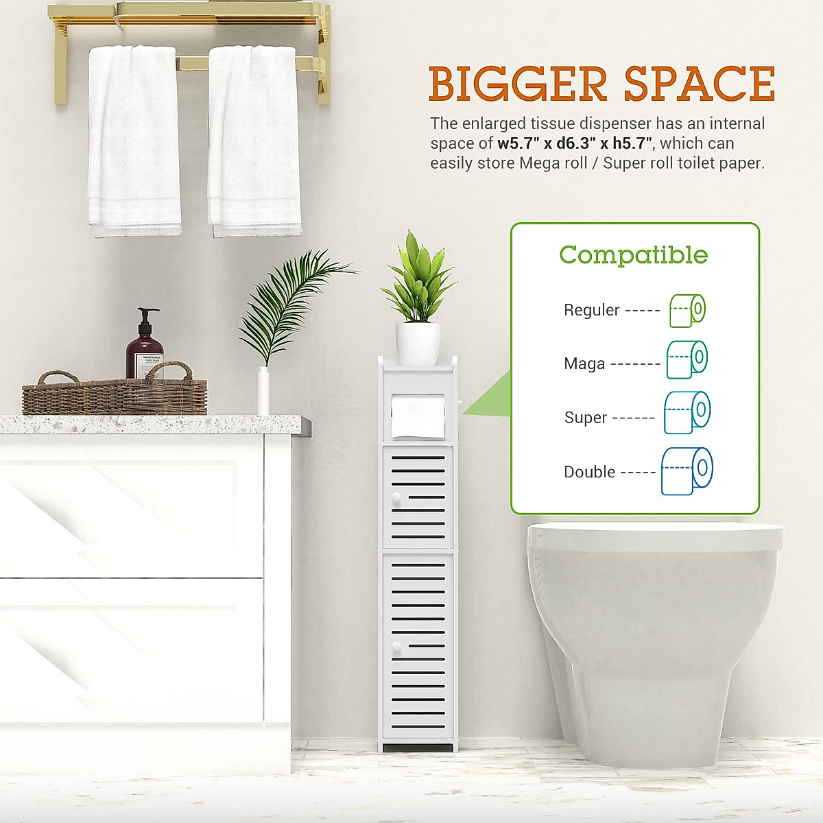 Bathroom Storage Cabinet for Small Space with Doors and Shelves, 4-Tiers Narrow Bathroom Cabinet,Waterproof Toilet Paper Storage Organizer with Toilet Paper Roller,Accommodate Mega Rolls(White 2Pack)