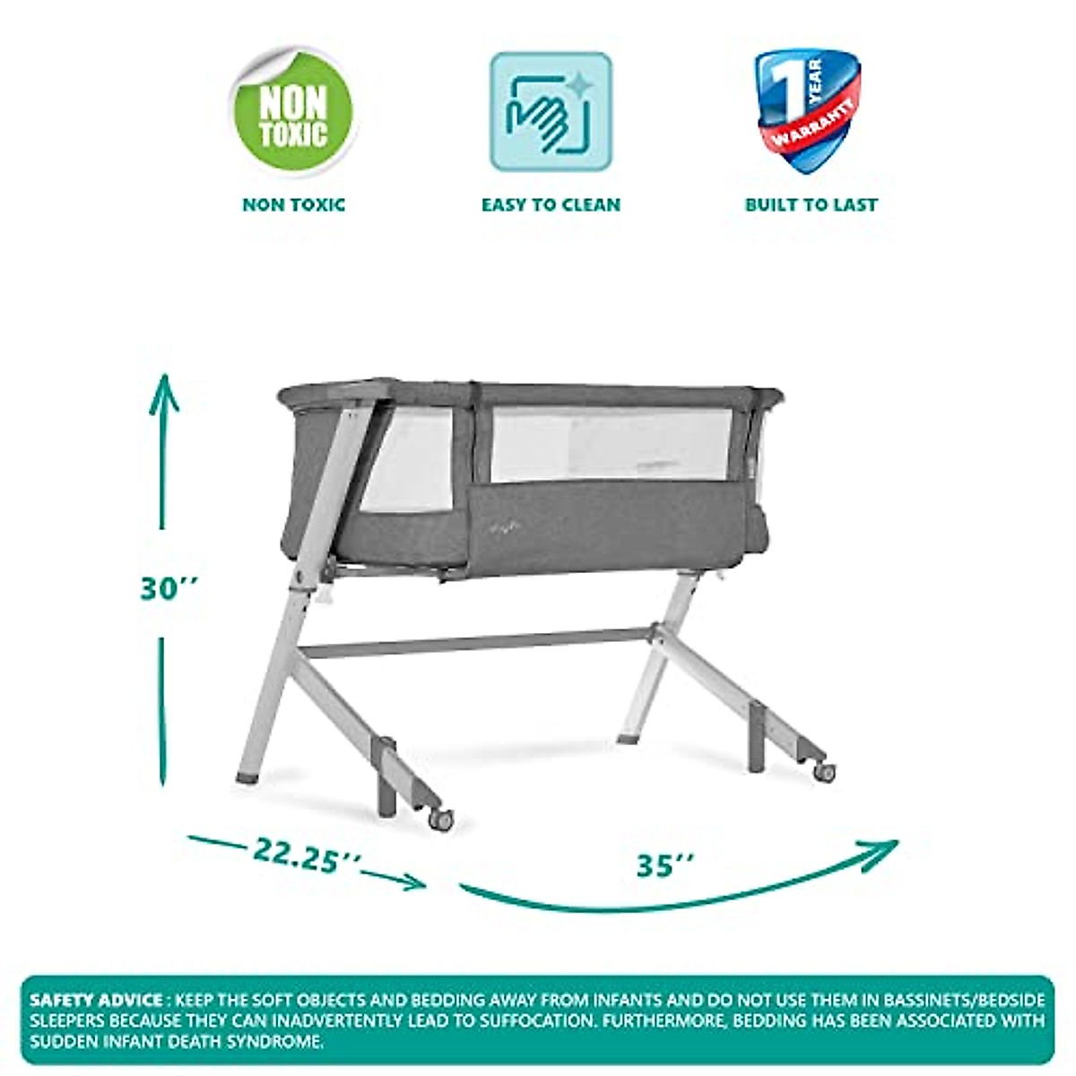 Dream On Me Skylar Bassinet and Bedside Sleeper in Grey, Lightweight and Portable Baby Bassinet, Five Position Adjustable Height, Easy to Fold and Carry Travel Bassinet, JPMA Certified