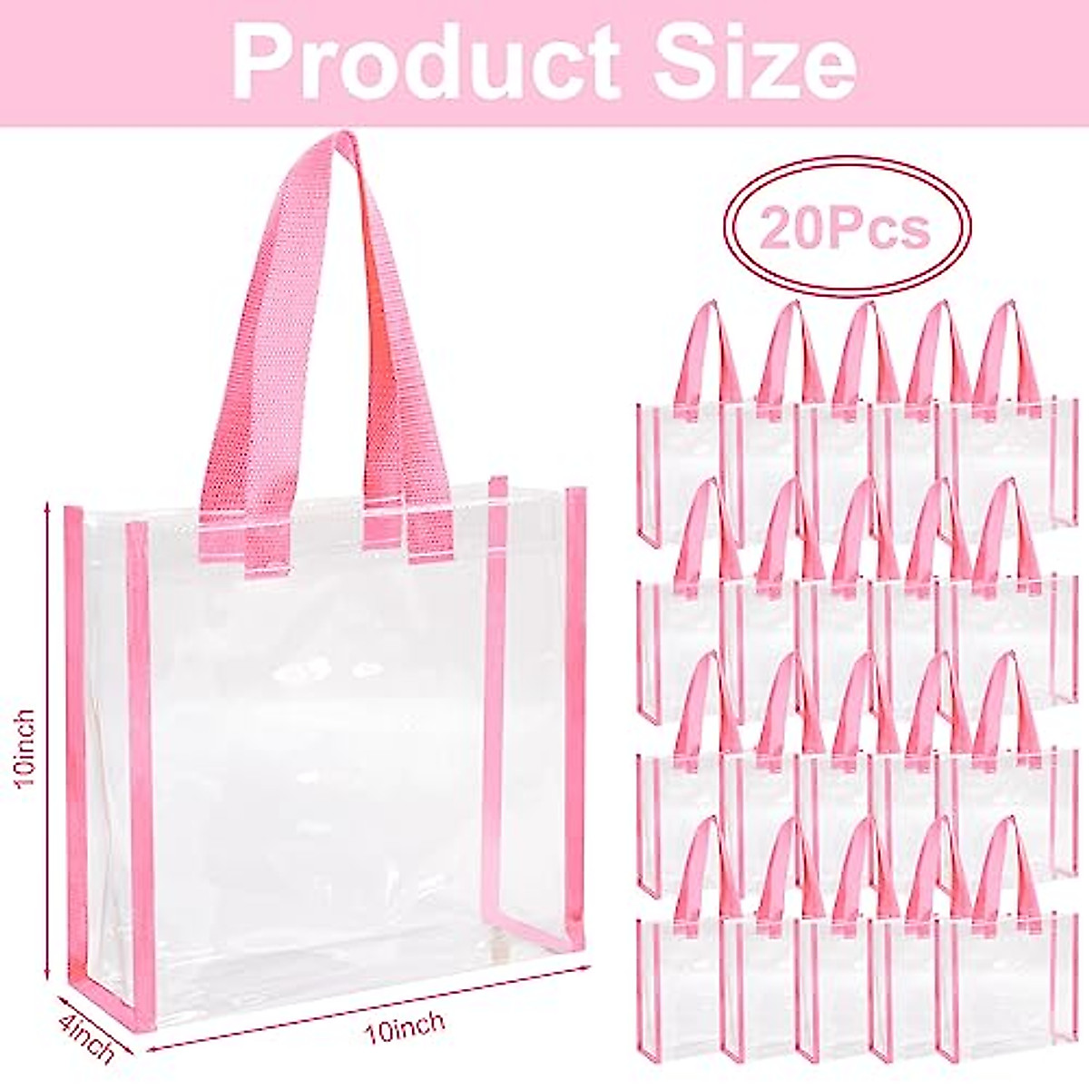 Paterr 20 Pack Plastic Clear Tote Bags 10 x 10 x 4 Inch Stadium Approved Gift Bag with Handles for Women Sports Work Travel (Pink)
