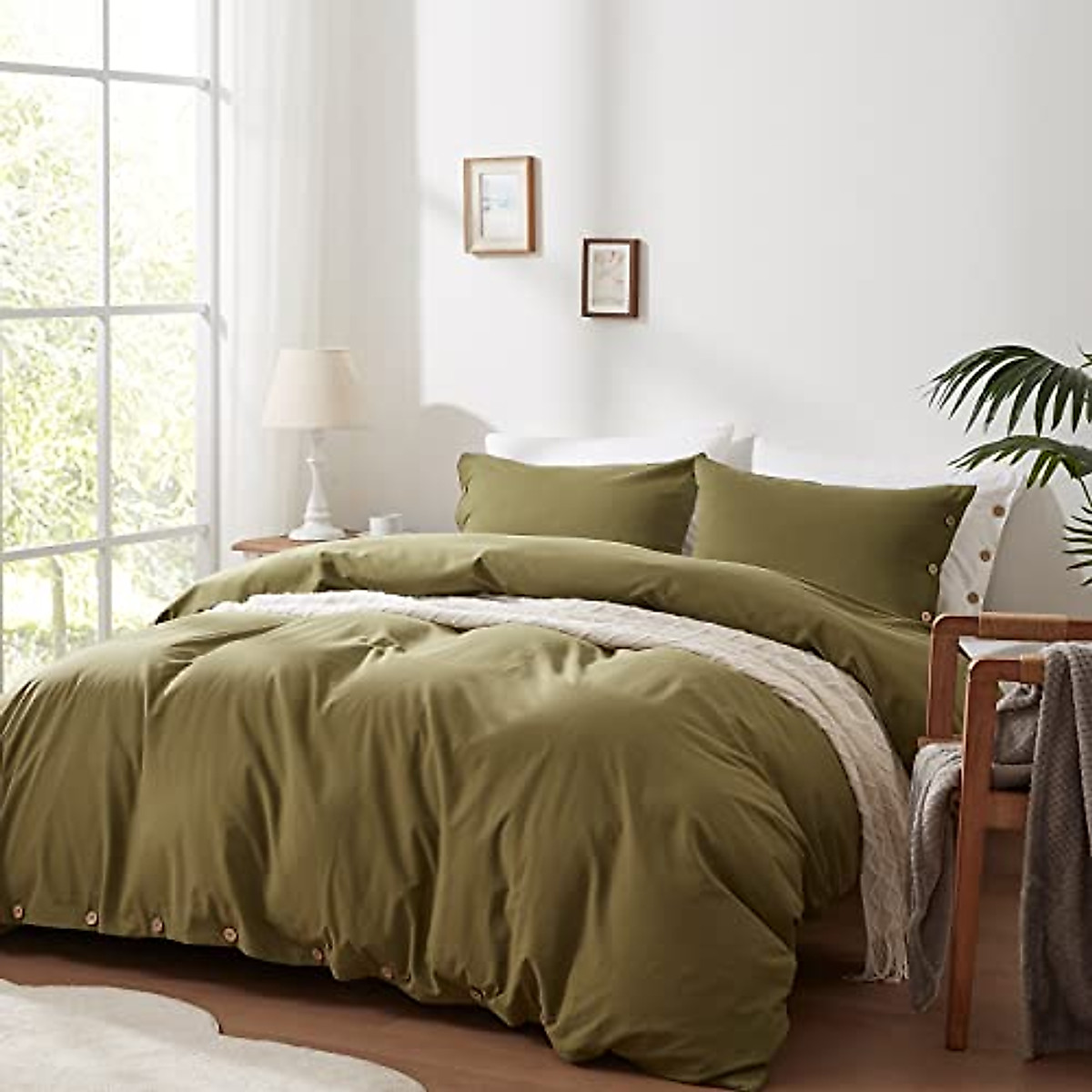 SunStyle Home 100% Washed Cotton Duvet Cover Set Breathable Soft Twin Olive Green Duvet Cover 2 Pieces Solid Color Bedding Set with Buttons Closure Comforter Cover Set (1 Duvet Cover +1 Sham)