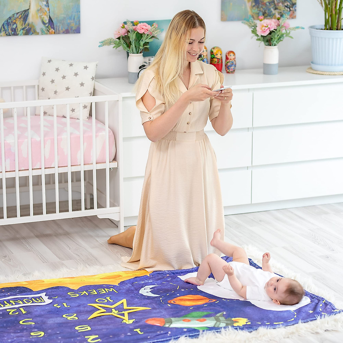 KEMINA BLANKETS Baby Monthly Milestone Blanket Boy, Milestone Blanket for Baby Boy, Outer Space Baby Blanket Nursery Includes Photography Prop, Space, Boy Milestone Blanket 60x40