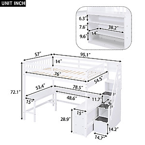 Bellemave Full Loft Bed with Stairs and Desk Wood Beds Storage Bookcase High Frame Shelves & L-Shape for Kids, Juniors, Teen, Boys, Girls, White