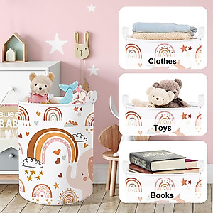Clastyle 45L Boho Rainbow Animal Laundry Hamper Fox Elephant Heart Star Pink Laundry Basket Dirty Clothes Hamper for Girls Large Round Toy Basket for Nursery