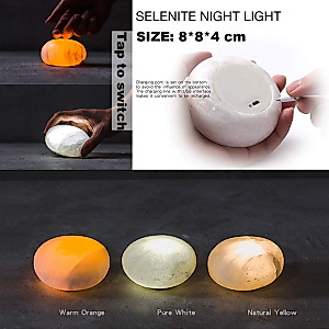 MIYA LIFE USB Rechargable Tap Lights, Hand Carved from Natural Selenite Stone, with LED Dimmer Switch (White/Warm/Yellow), Decoration for Cabinets/Closets/Bedroom Lights (Selenite Lights)
