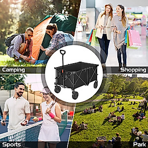 S AFSTAR Folding Wagon Cart, Collapsible Garden Wagon w/Adjustable Handle & Universal Wheels, Heavy Duty Folding Utility Cart for Agricultural Material Toy Grocery, Load Capacity up to 180Lbs (Black)