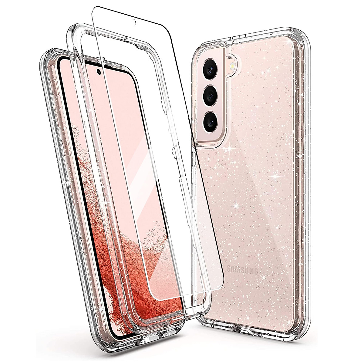KIOMY Clear Shockproof Case for Samsung Galaxy S22 with 2 Packs Tempered Glass Screen Protectors, 3 Layers in 1 Full Body Protection Hard PC Back and Front Cover + TPU Bumper Glitter Sparkle Sparkly