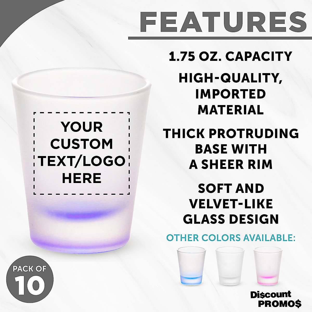 Custom Frosted Glass Shot Glasses 1.75 oz. Set of 10, Personalized Bulk Pack - Great for Weddings, Birthdays, Parties, Indoor & Outdoor Events - Blue