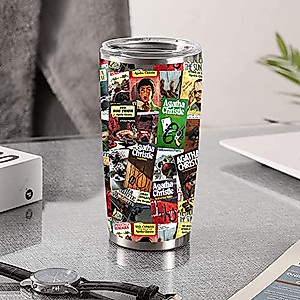 DOINB TIAN Insulated Tumbler Hercule Vintage Agatha Christie Book Covers Collage Literary Stainless Steel Coffee Cup 20 Oz Vacuum Tumblers Travel Mug, White, 20, 30oz