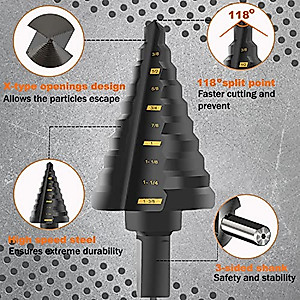 KSEIBI Step Drill Bit Set 5 Pieces Pack High Speed Steel Black Oxide M2 Multiple Hole 50 Sizes 1/8-1-3/8 inch SAE Standard Drill Attachment (KS-575105)