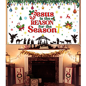 JKQ Jesus is The Reason for The Season Backdrop Banner 73 x 43 Inch Large Christmas Holiday Nativity Scenes Birth of Jesus Background Banner Religious Christmas Holy Nativity Party Decorations