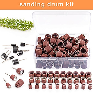 BAGTeck 162 Pieces Sanding Drums Kit Drum Sander for Drill with Storage Box Including 150 Pieces Sanding Band Sleeves and 12 Pieces Drum Mandrels for Rotary Tool- 120 Grit