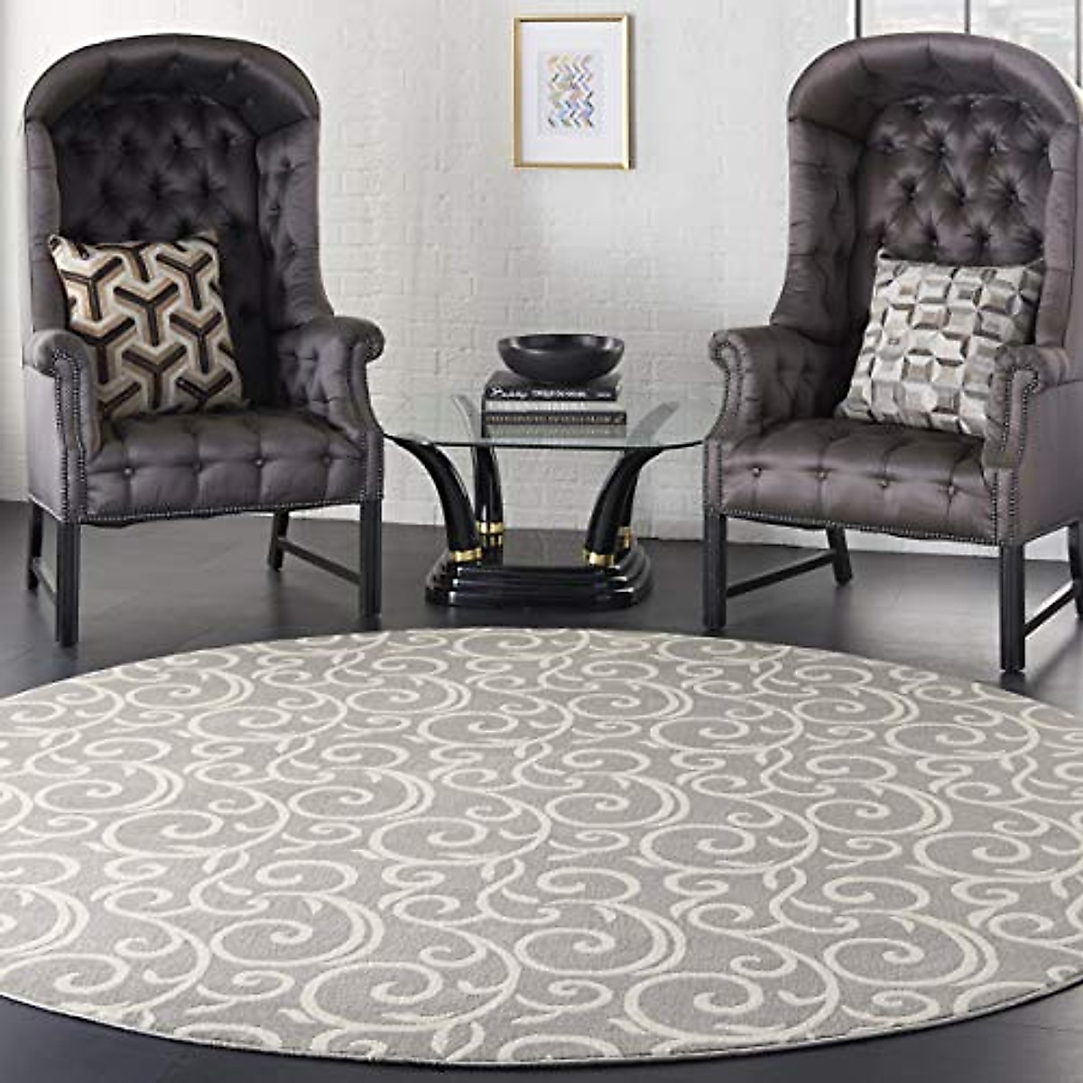 Nourison Grafix Floral Grey 8' x ROUND Area -Rug, Easy -Cleaning, Non Shedding, Bed Room, Living Room, Dining Room, Kitchen (8 Round)